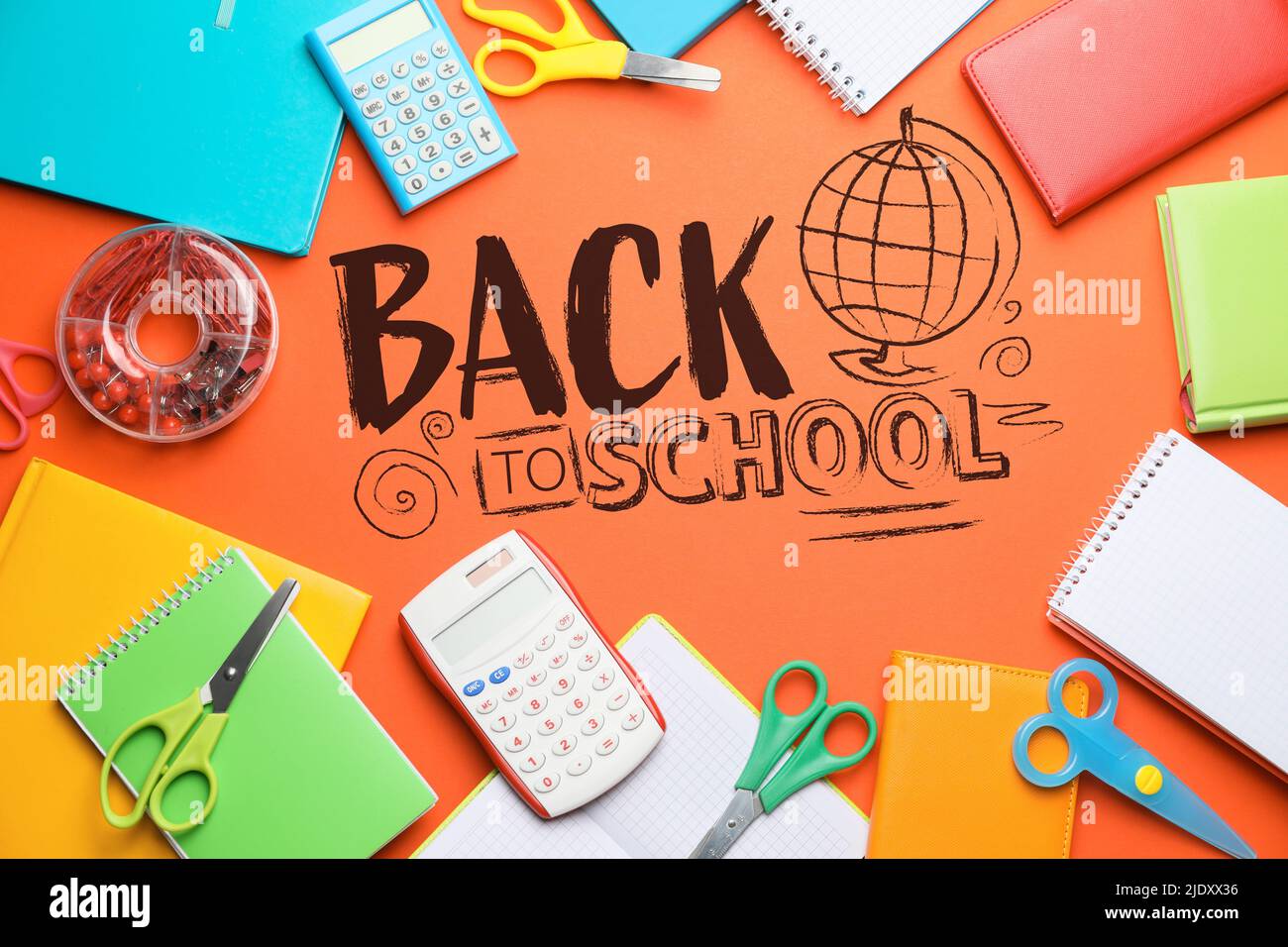 Text BACK TO SCHOOL and set of stationery on orange background Stock ...