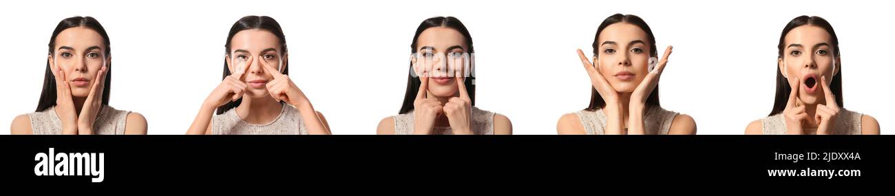 Set of young woman doing face building exercises against white ...