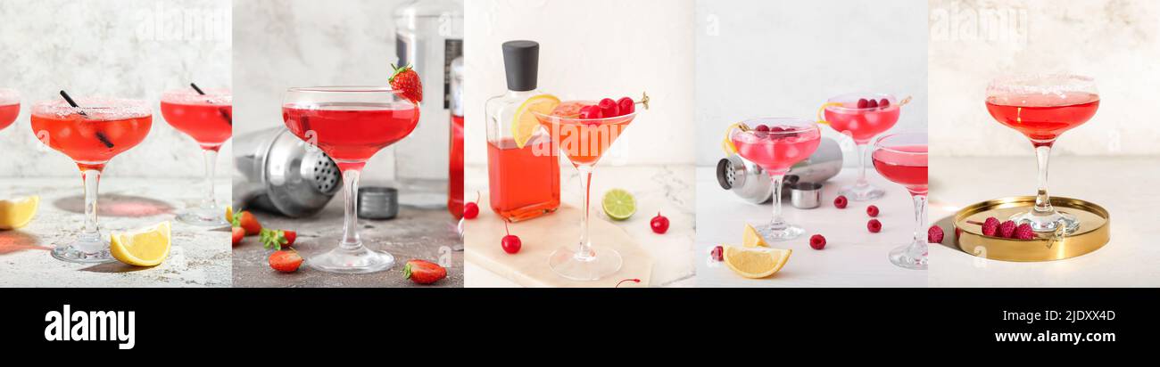 Set of classic cosmopolitan cocktails in glasses on light background ...