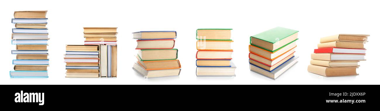 Stacks of many books on white background Stock Photo - Alamy