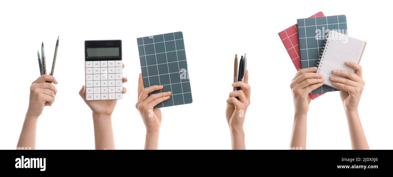 Many hands with school supplies isolated on white Stock Photo - Alamy