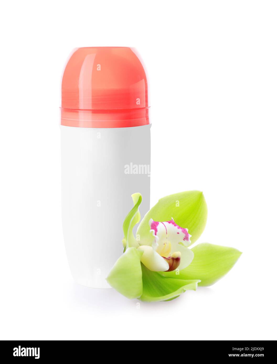 Roll-on deodorant and orchid flower on white background Stock Photo - Alamy