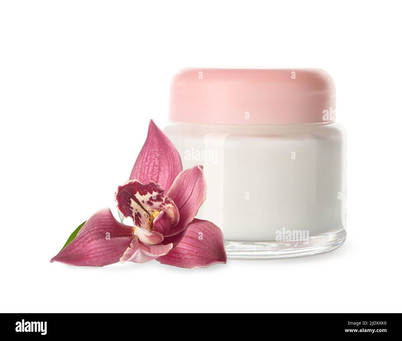 Cosmetic cream and orchid flower on white background Stock Photo - Alamy