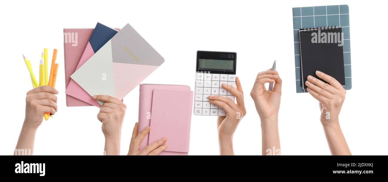 Many hands with school supplies isolated on white Stock Photo - Alamy