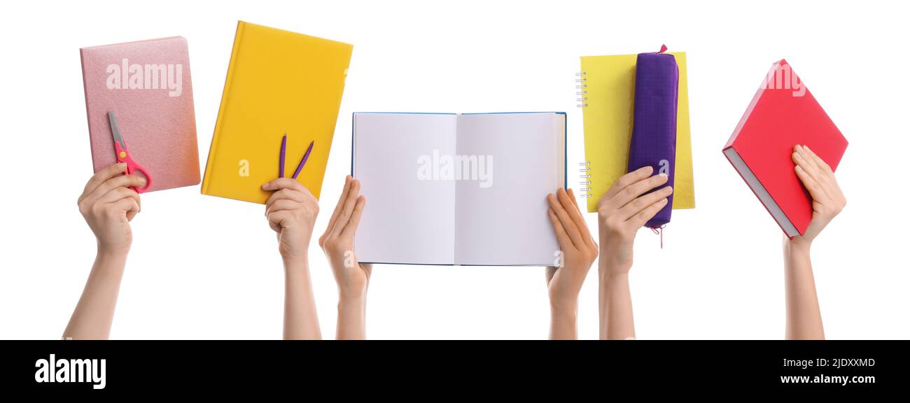 Many hands with school supplies isolated on white Stock Photo - Alamy