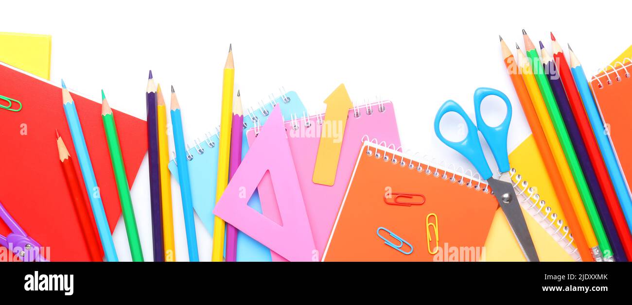 Set of school supplies isolated on white Stock Photo - Alamy