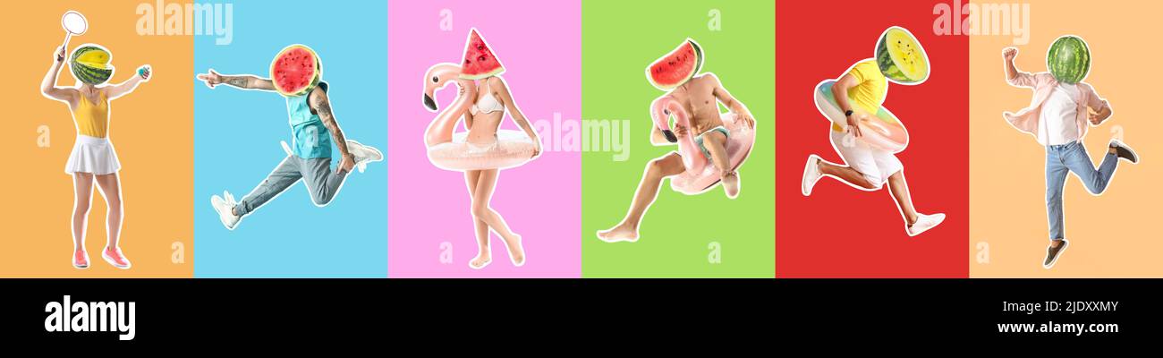 Set of people with ripe watermelons instead of their heads on colorful ... Set of people with ripe watermelons instead of their heads on colorful ...