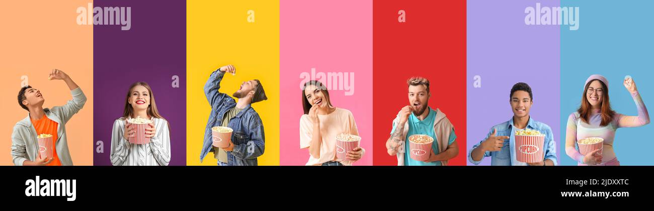 Group of young people with crunchy popcorn on colorful background with ...