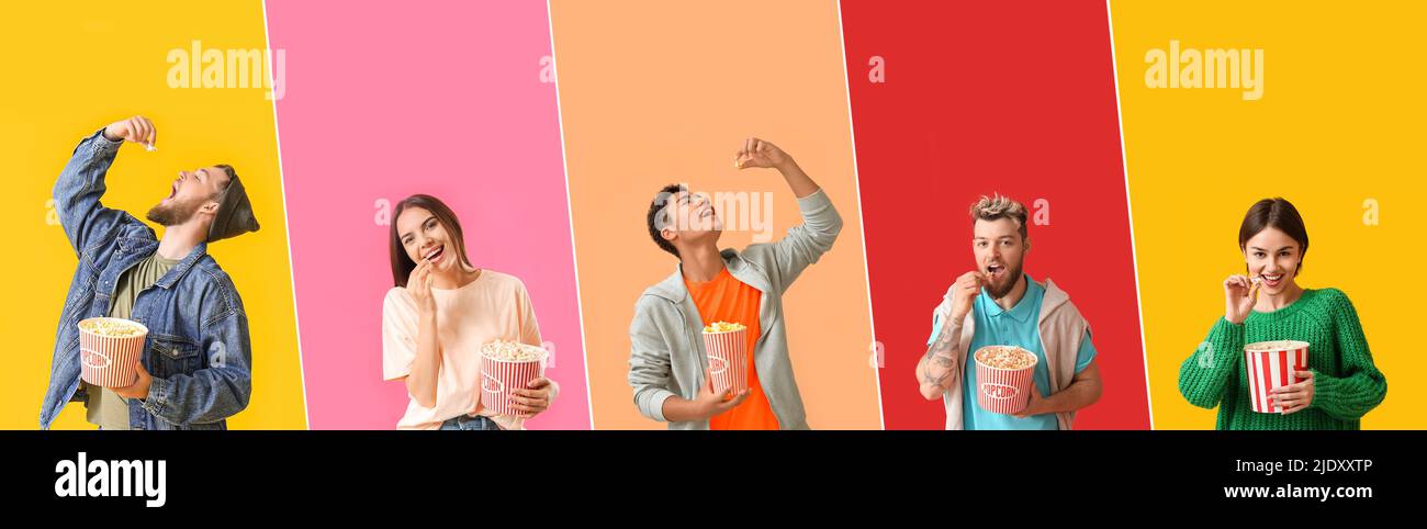 Group of young people with crunchy popcorn on colorful background with ...