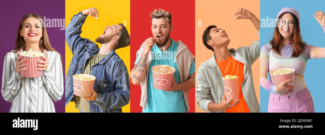 Group of young people with crunchy popcorn on colorful background Stock ...