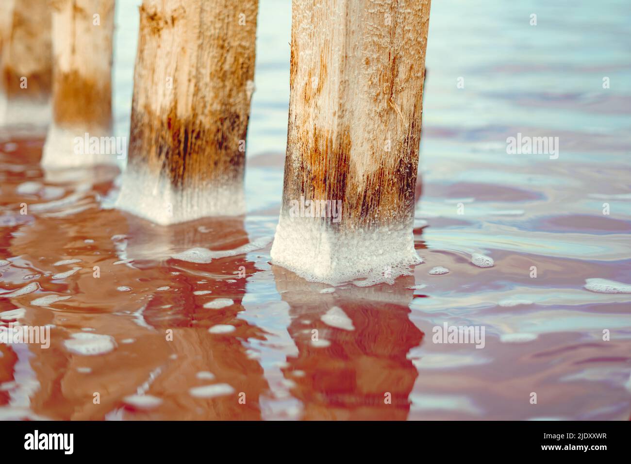 pink salt lake. wooden sticks stick out of the water Stock Photo - Alamy