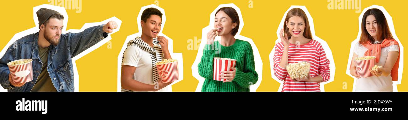 Group of young people with crunchy popcorn on yellow background Stock ...