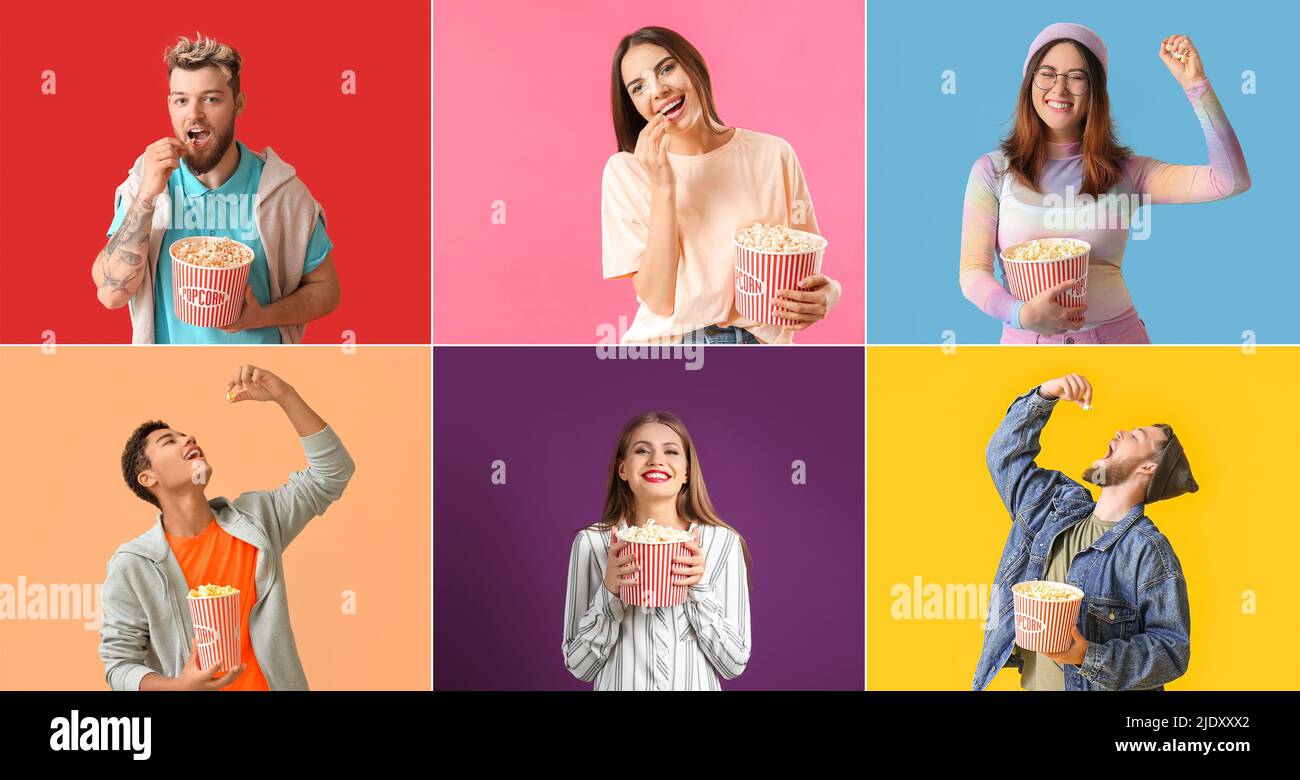 Group of young people with crunchy popcorn on colorful background Stock ...