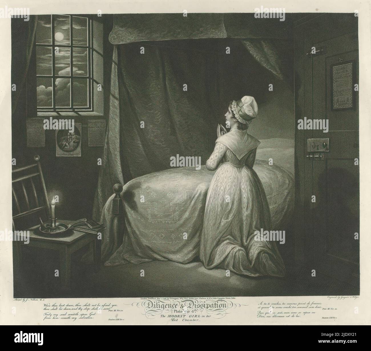 Modest maid praying in her bedroom, Plate 4. The Modest Girl in the Bed ...