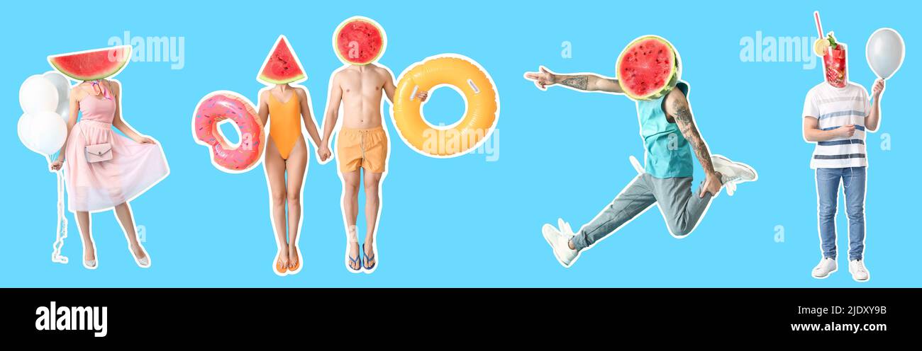 Set of people with watermelons instead of their heads on light blue ... Set of people with watermelons instead of their heads on light blue ...