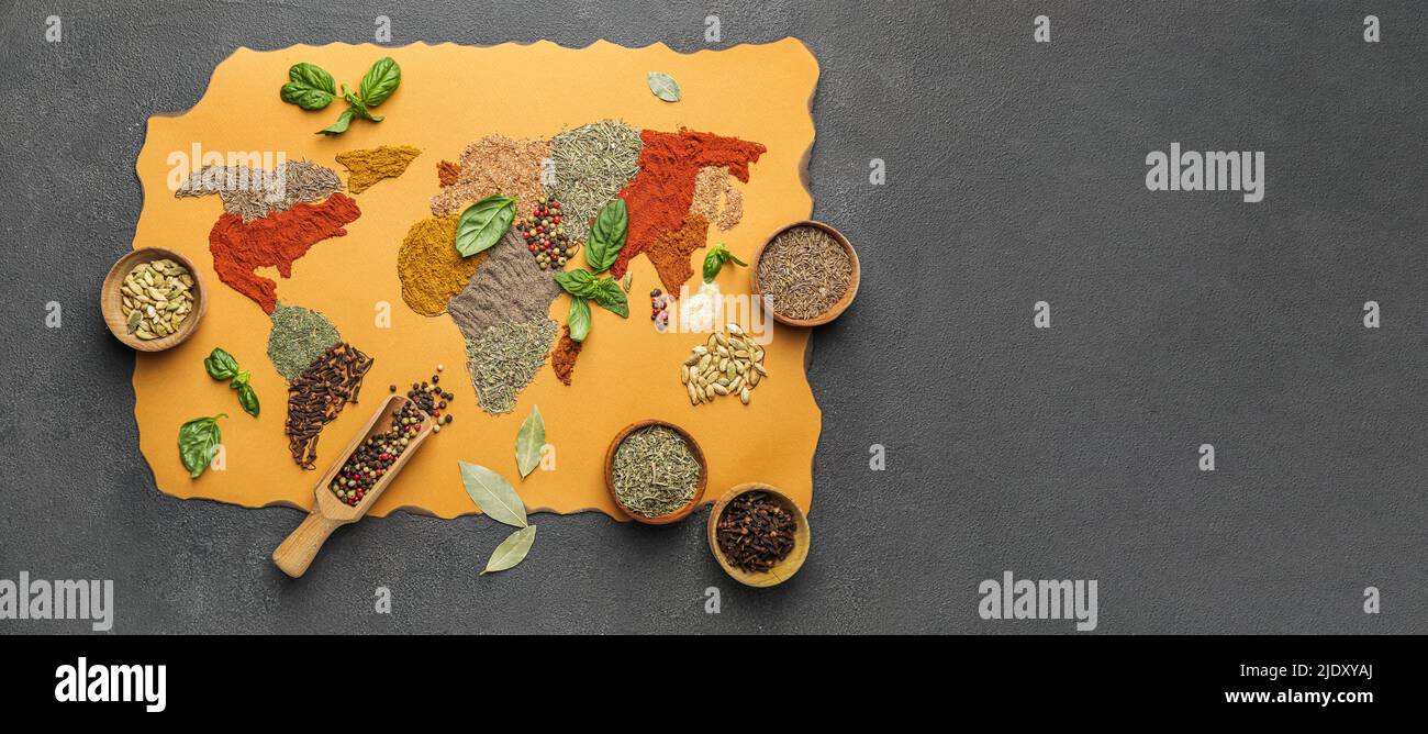 World map made of spices on grey background with space for text Stock ...