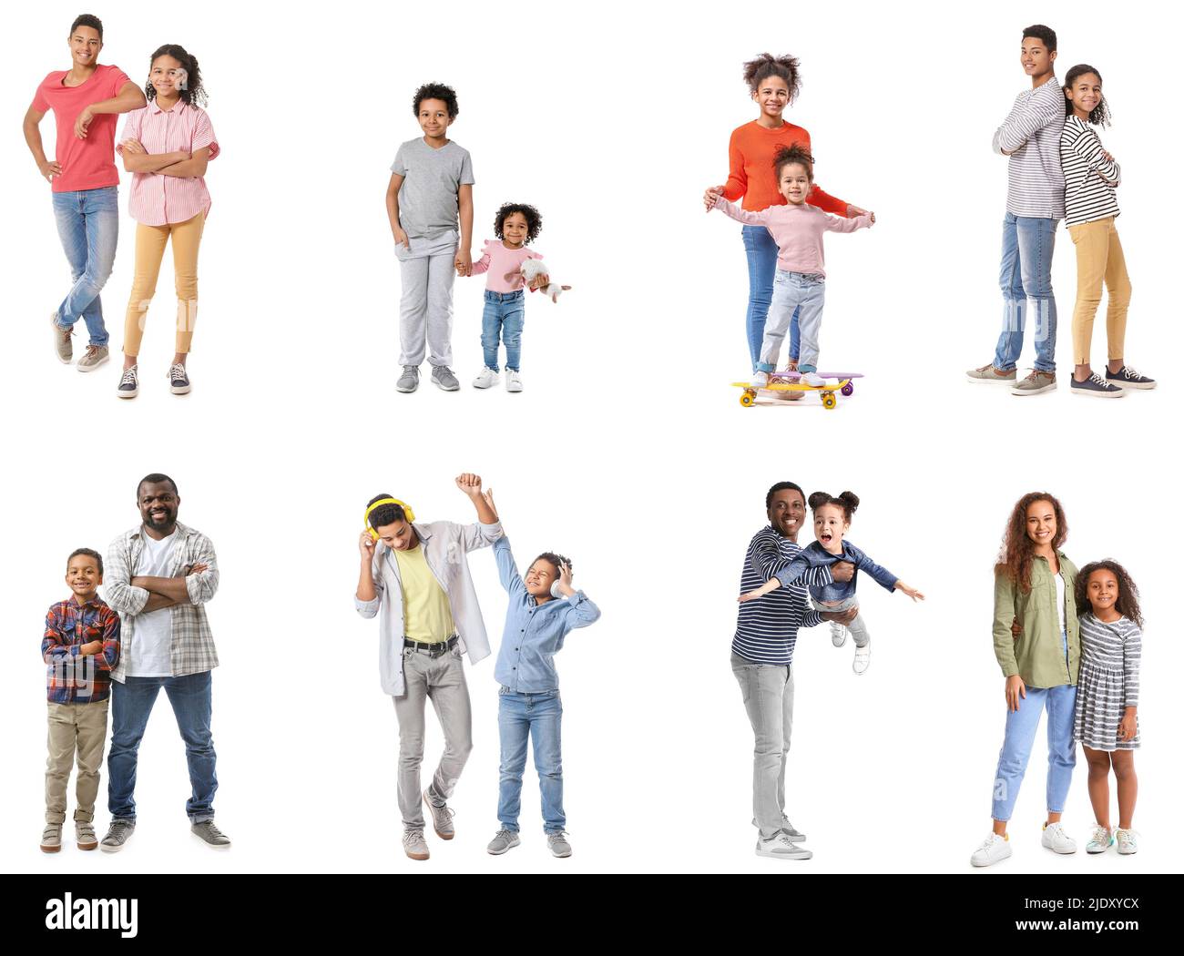 Set of happy African-American family members isolated on white Stock ...