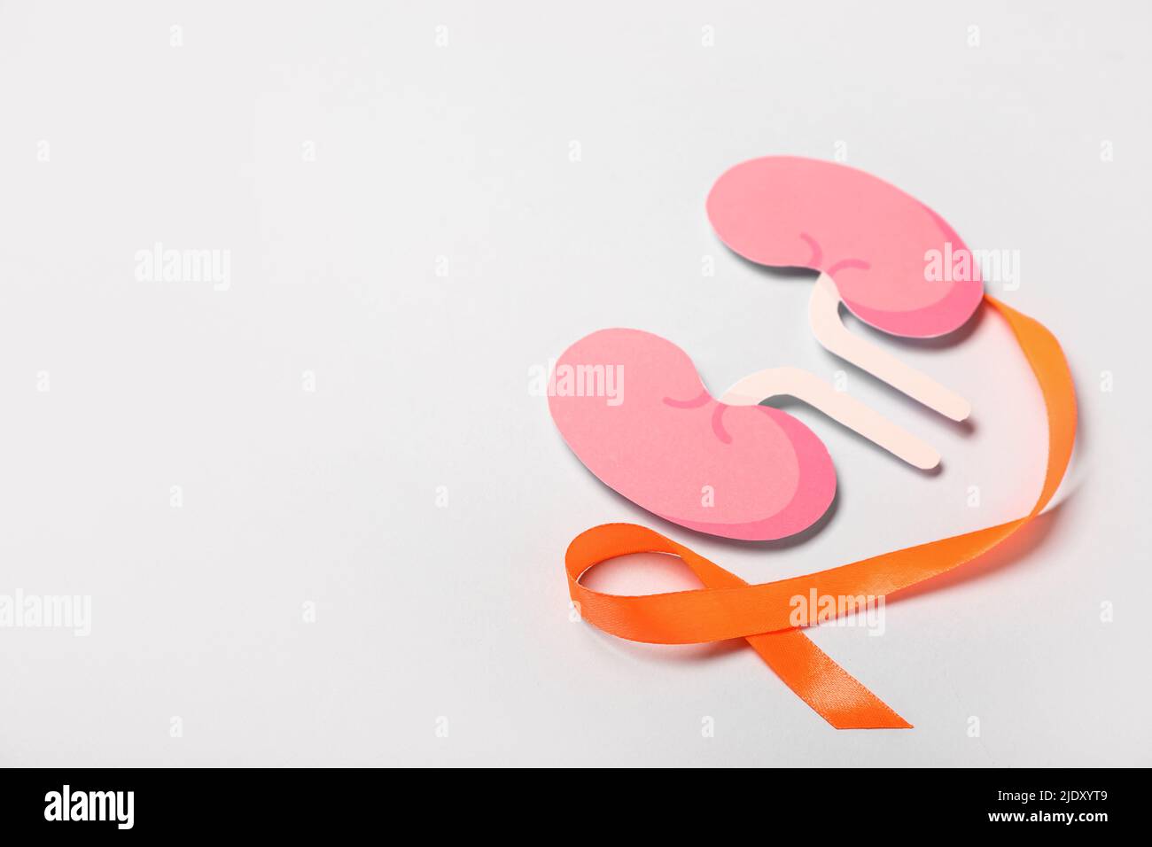 Orange awareness ribbon and paper kidneys on grey background Stock ...