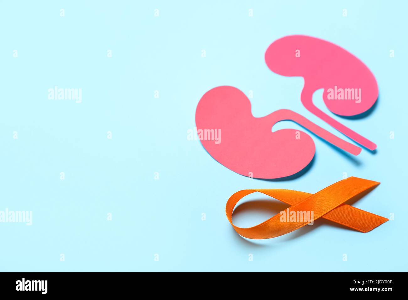 Orange awareness ribbon and paper kidneys on blue background Stock ...