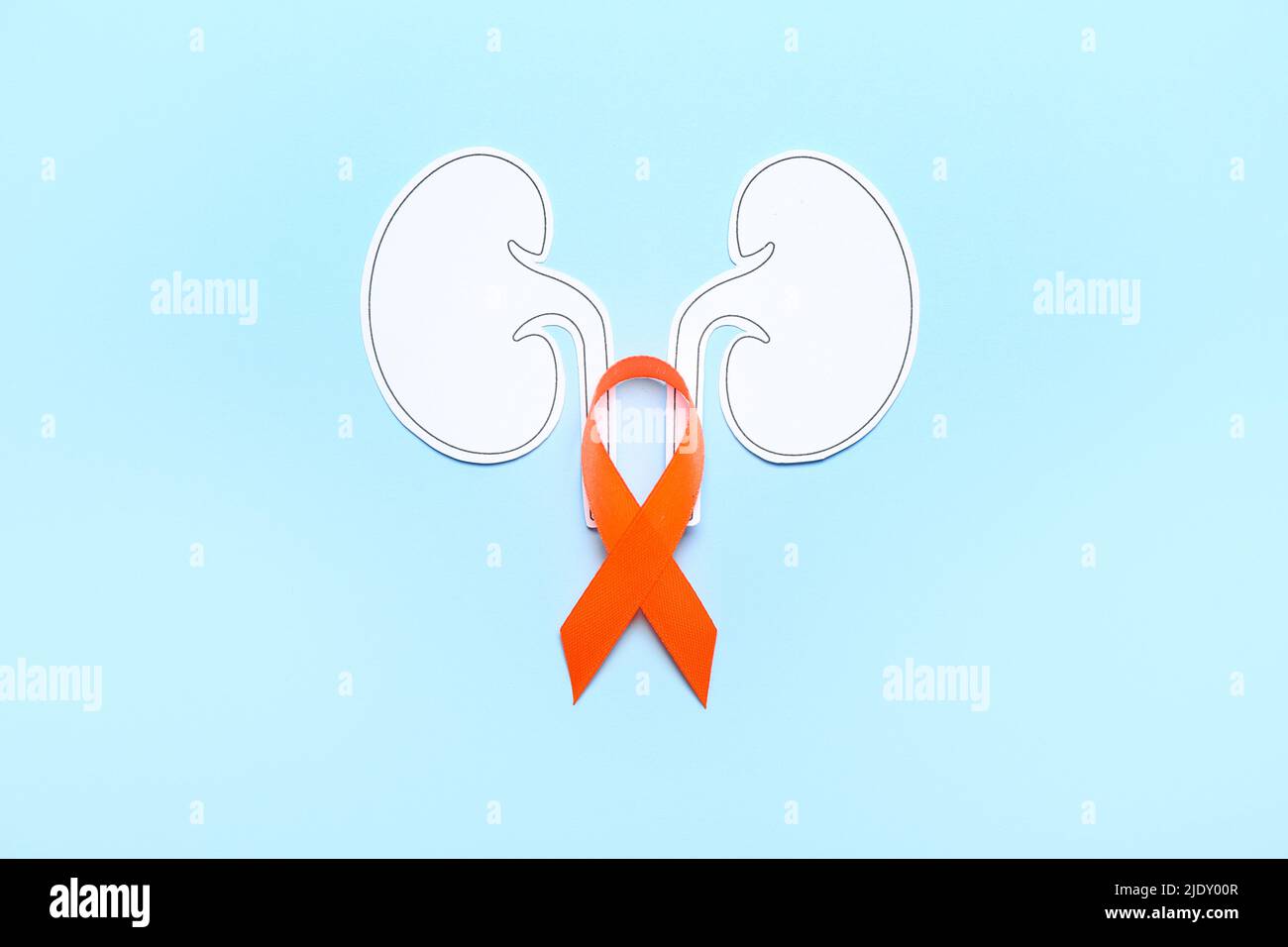 Orange awareness ribbon and paper kidneys on blue background Stock ...