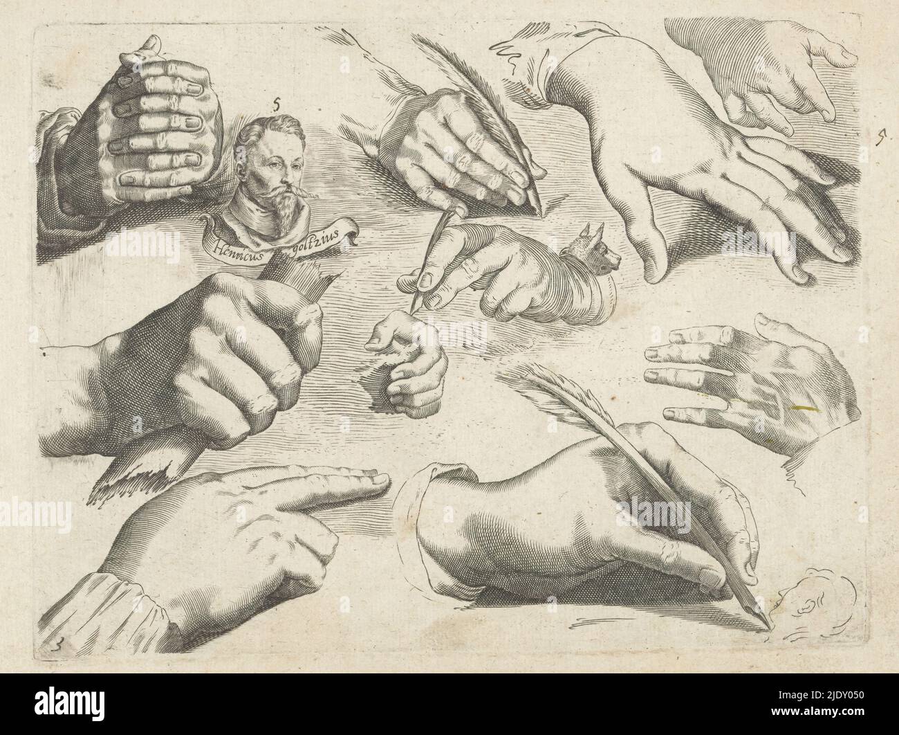 Study sheet with drawing examples: hands and portrait of Hendrick ...