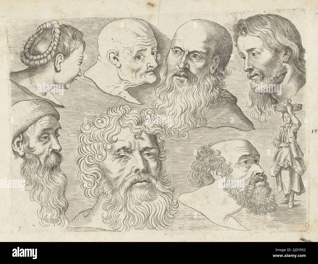 Study sheet with drawing examples: heads and standing figure, Drawing ...