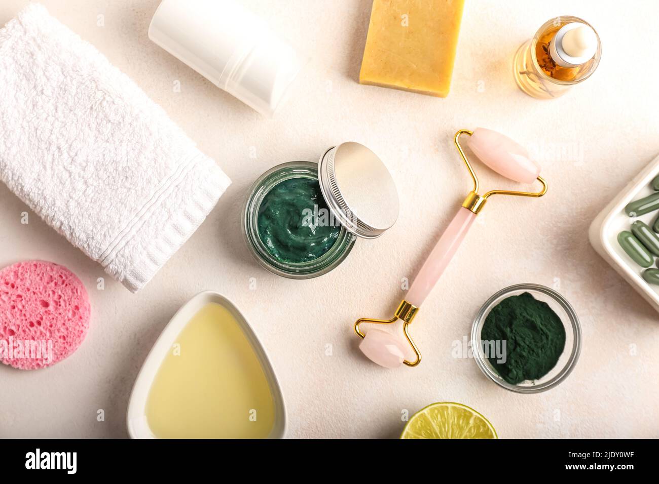 Composition with jar of spirulina facial mask, ingredients and bath ...