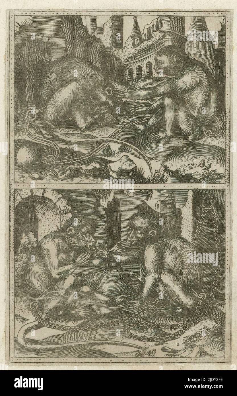 Two scenes each with two chained monkeys between ruins, Two scenes with ...