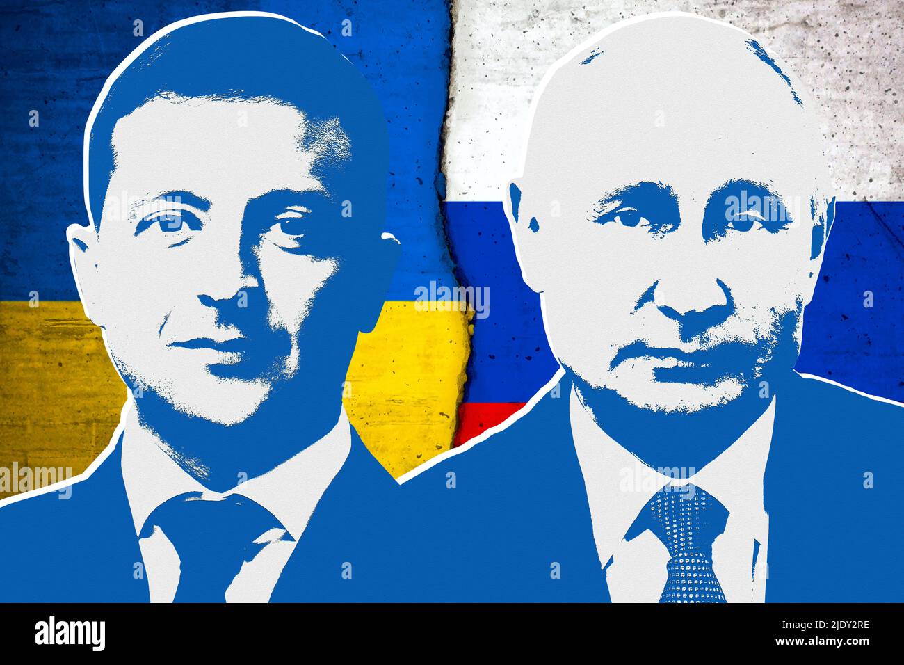 Volodymyr Zelensky, Vladimir Putin, Ukrainian flag and Russian flag ...