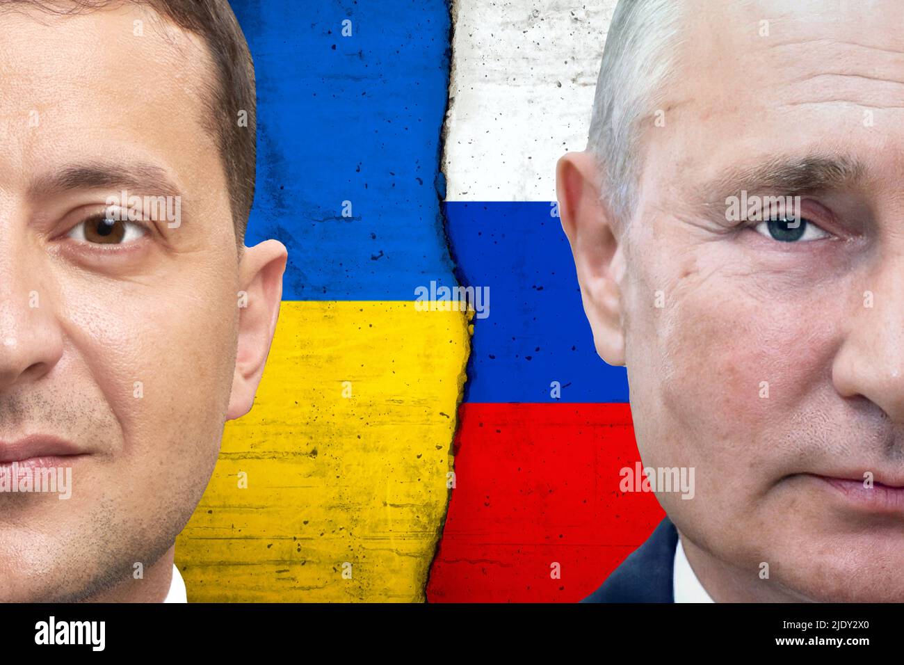 Volodymyr Zelensky, Vladimir Putin, Ukrainian flag and Russian flag ...