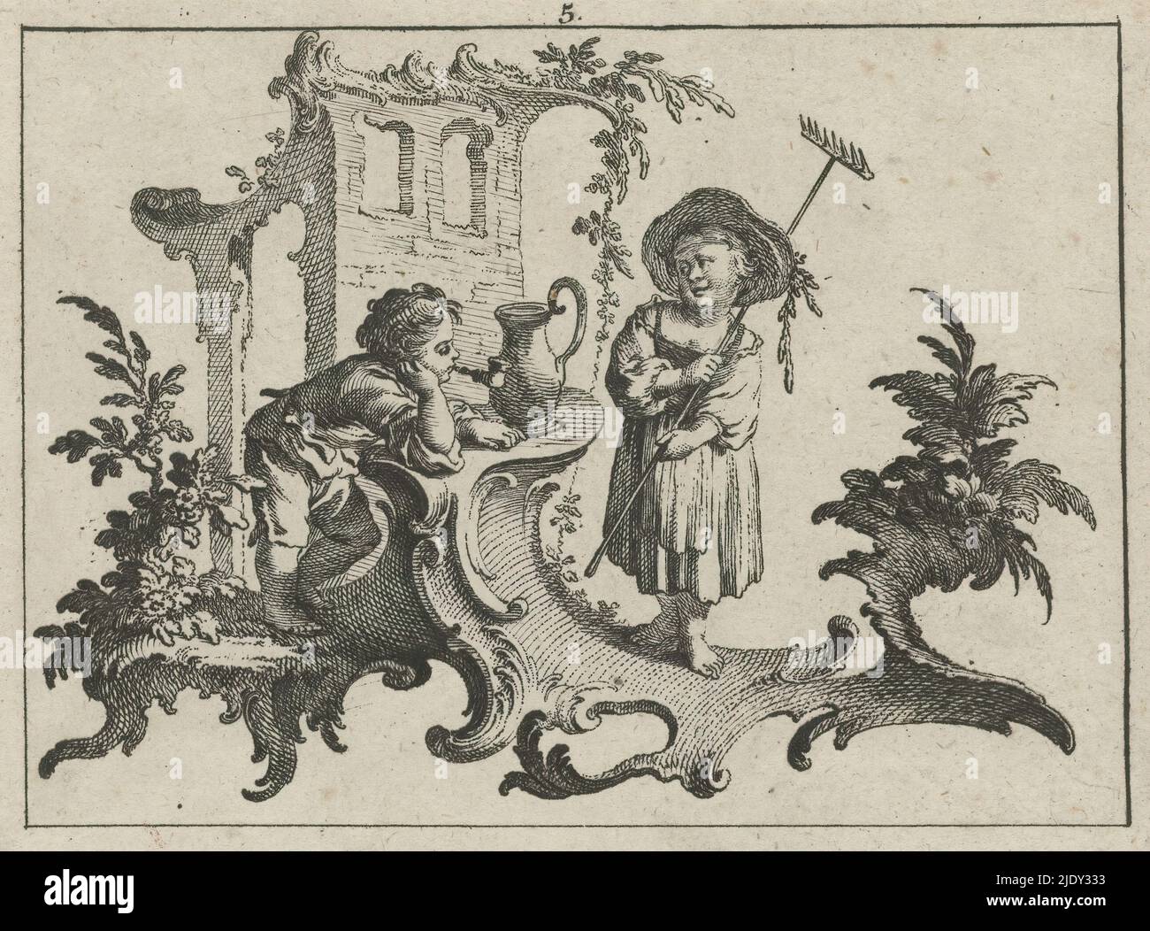 Child smoking a pipe and a child in peasant clothes on a Rococo ...