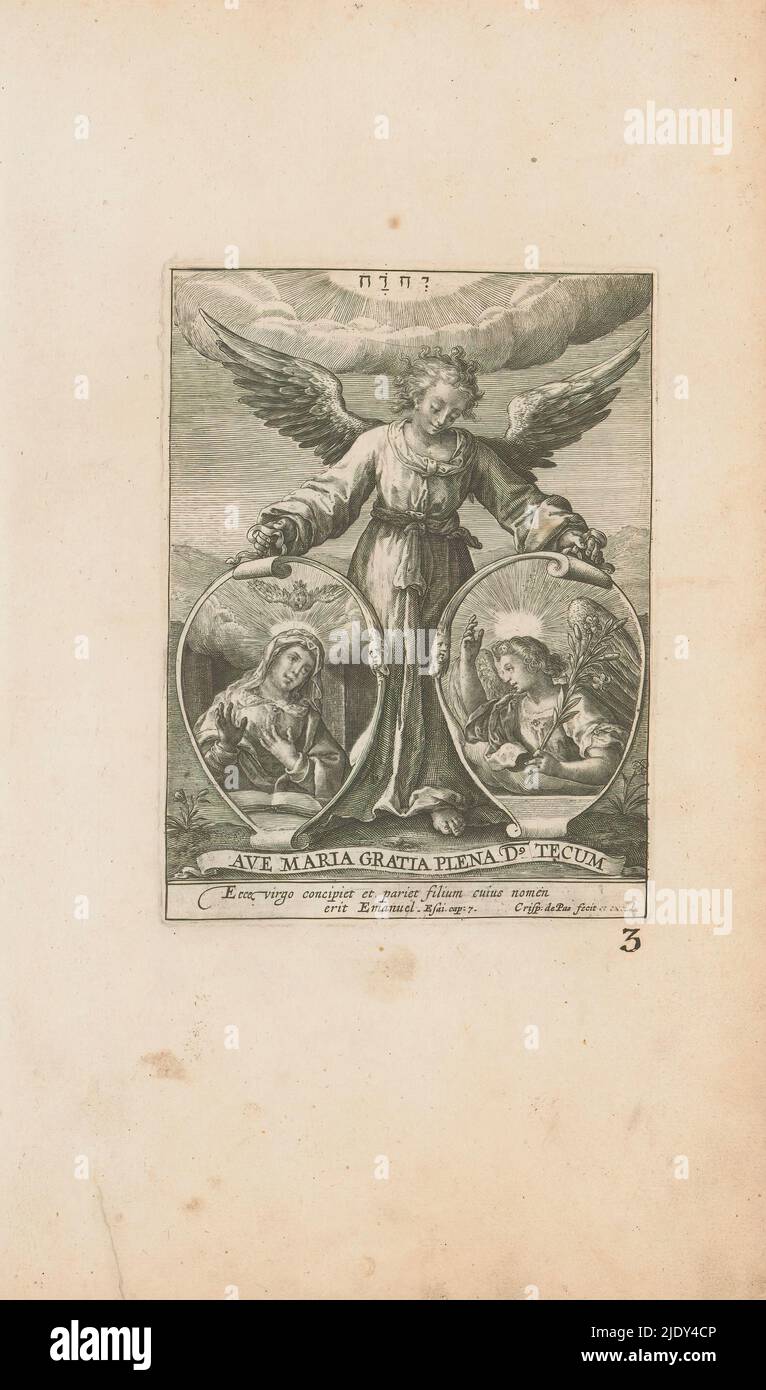 Angel with Mary and Gabriel, Ave Maria Gratia Plena D. Tecum (title on ...