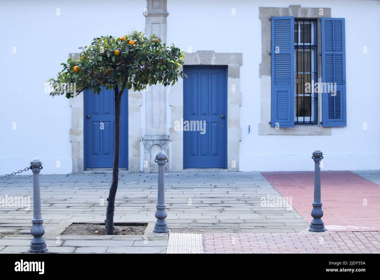 Beautiful blue doors with windows and tangerine tree in old building in ...