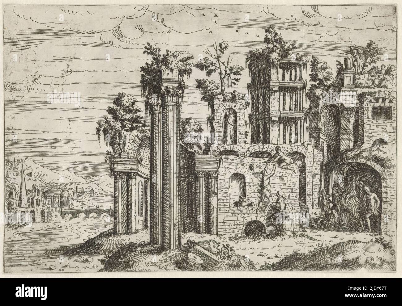 Landscape with waterfront ruins and climbing people, Landscapes with ...