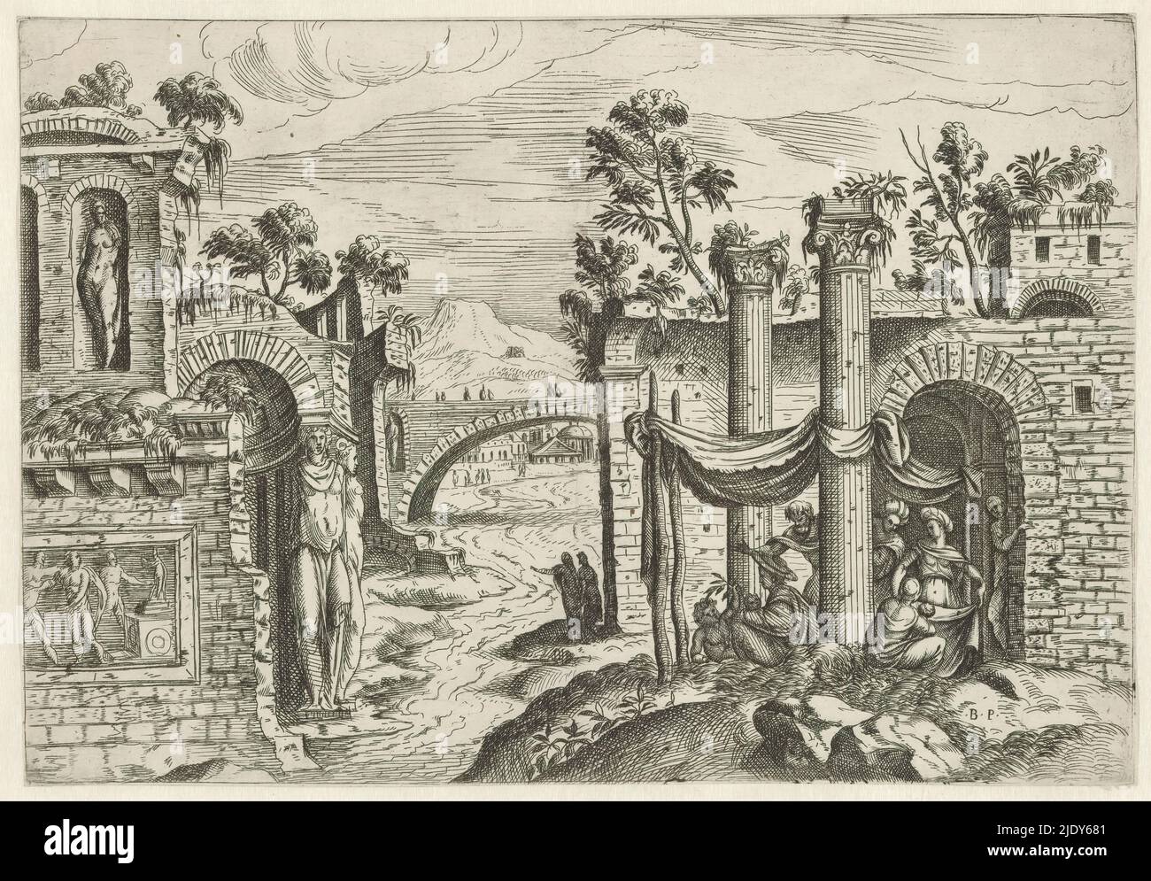 Landscape with ruins and bridge over running water, Landscapes with ...