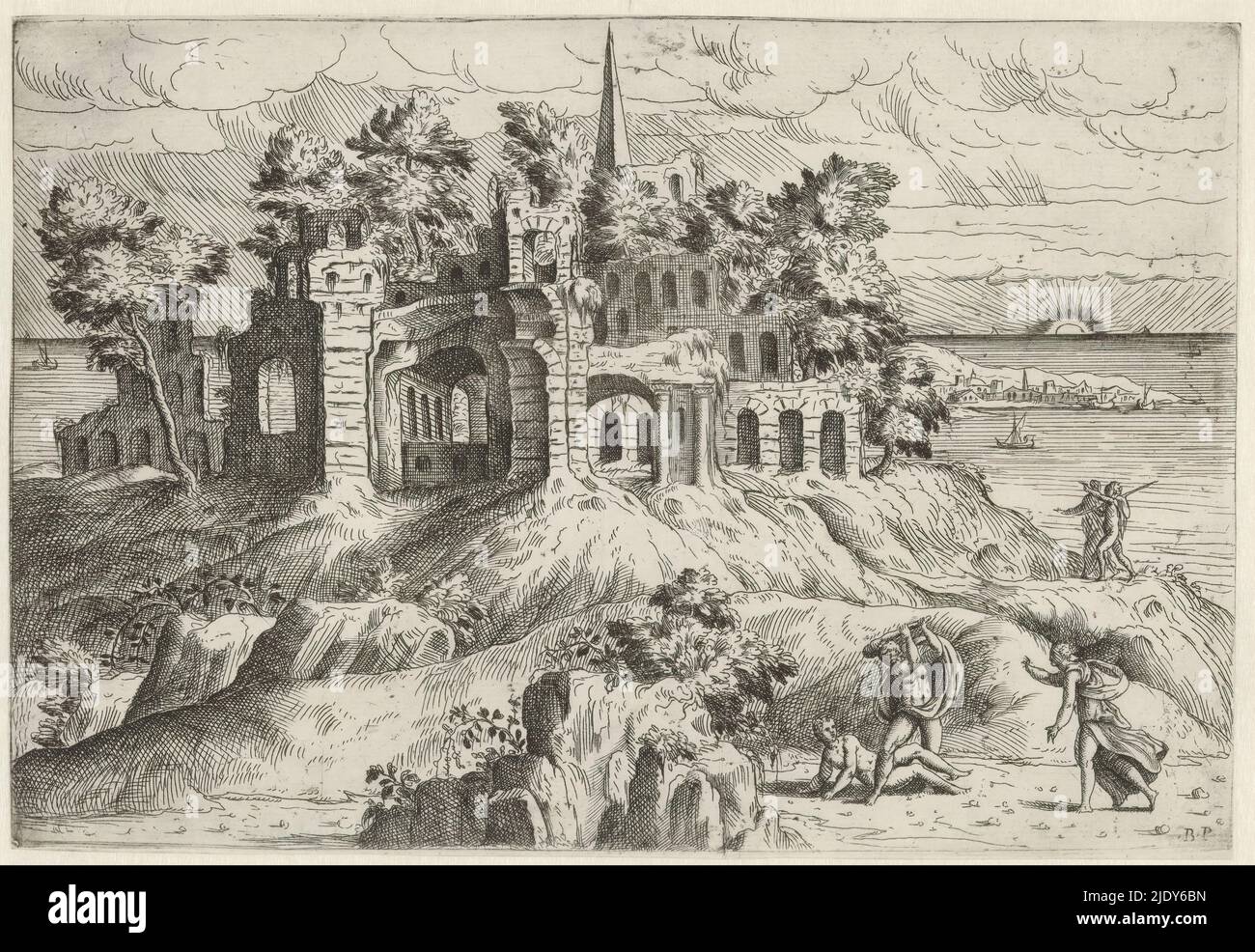 Landscape with waterfront ruins and a rising or setting sun, Landscapes ...