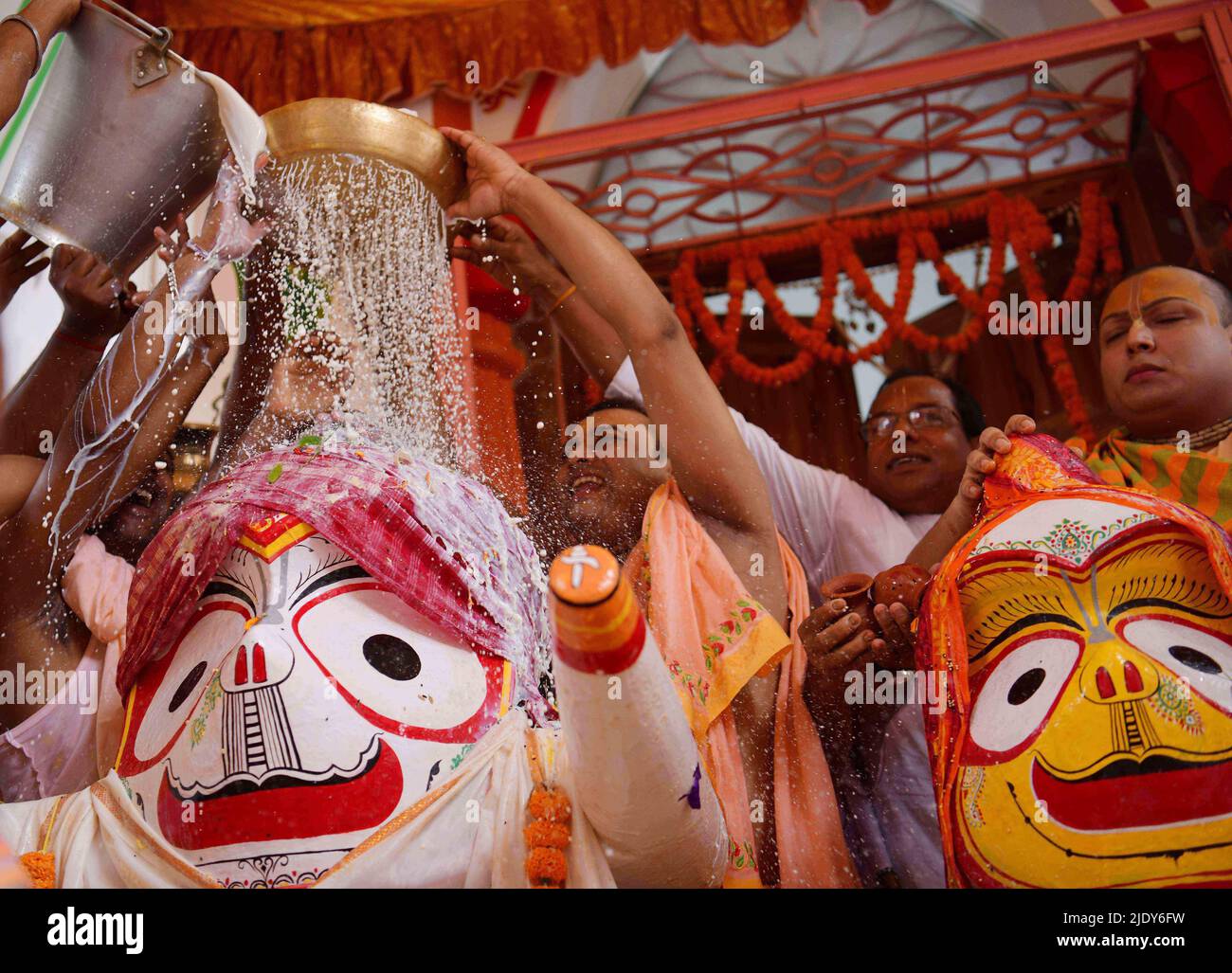 Hindu priests pour milk on top of deities Lord Jagannath, Balabhadra ...