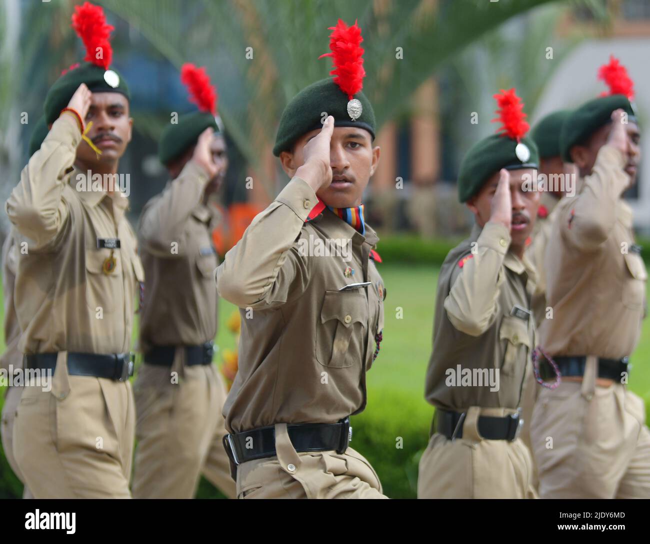 The NCC cadets (National cadets Corps) perform drills during a combined annual training camp ...