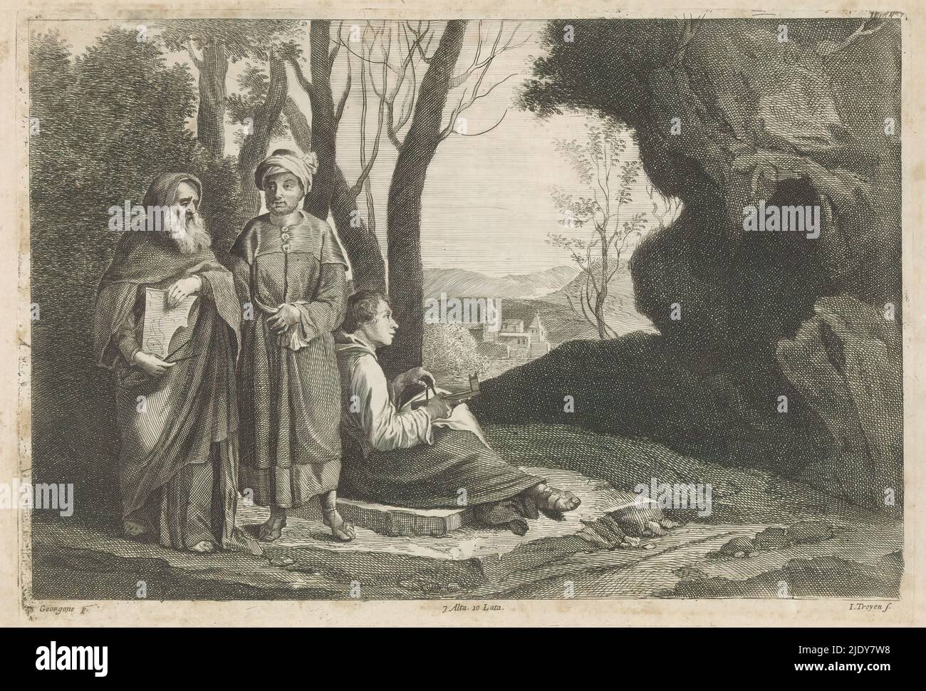 Three philosophers in a mountainous landscape, On the left an old man ...