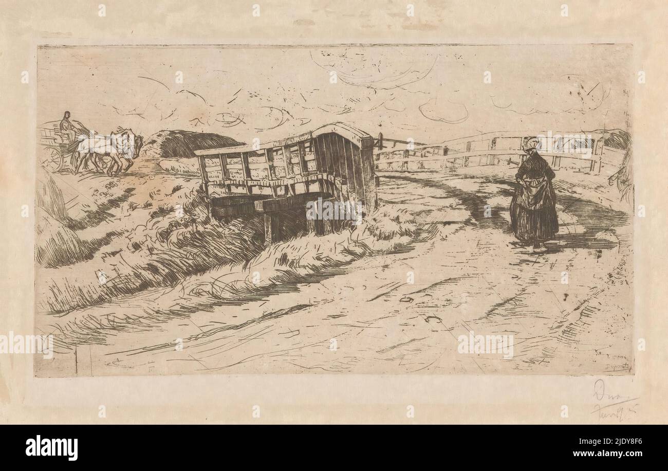 Country road with bridge, A wooden bridge in a landscape with haystacks ...