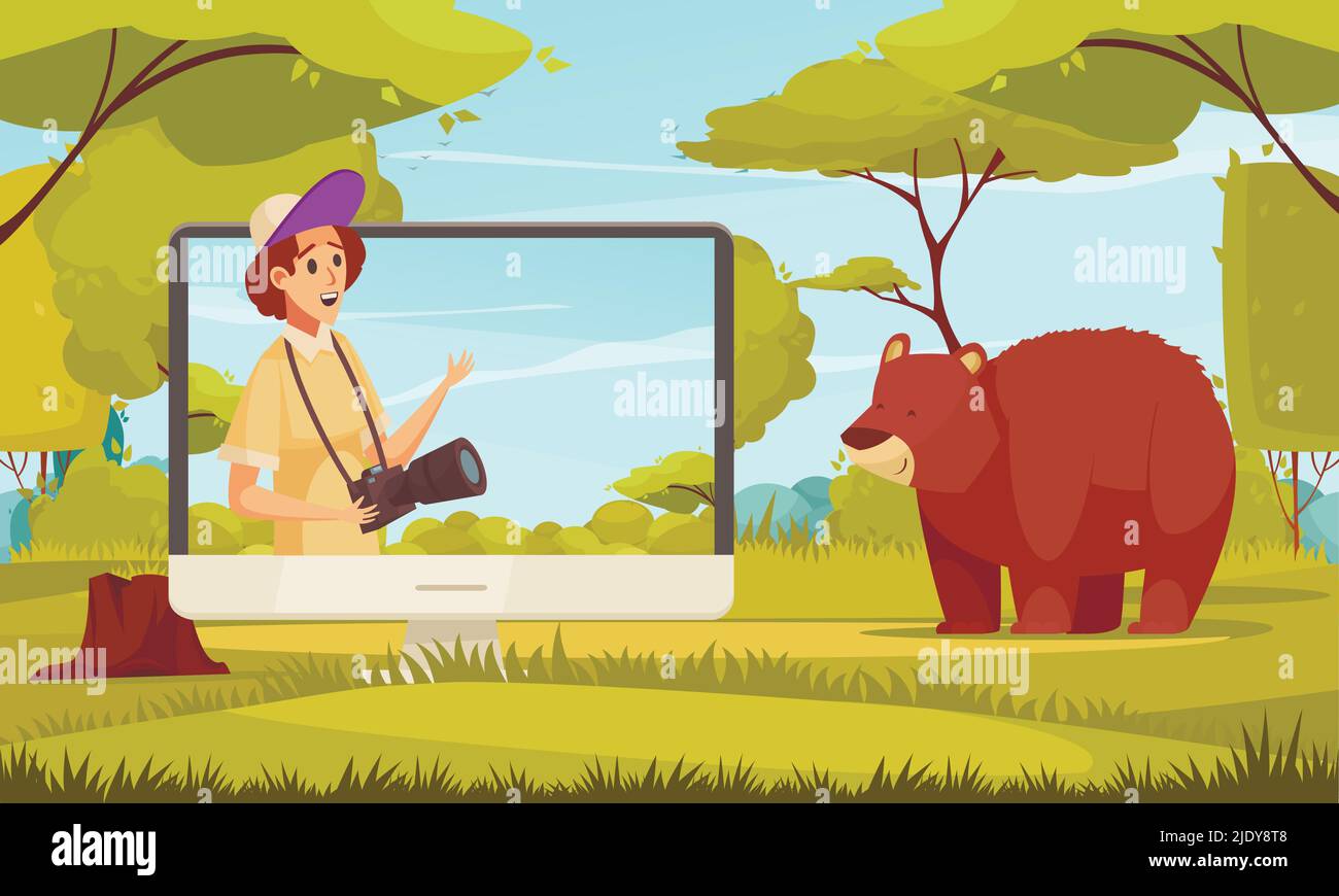 Computer screen with travel video blogger brown bear and forest cartoon ...