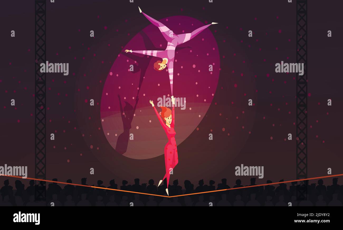 Cartoon background with wire walkers acrobats performing at circus ...