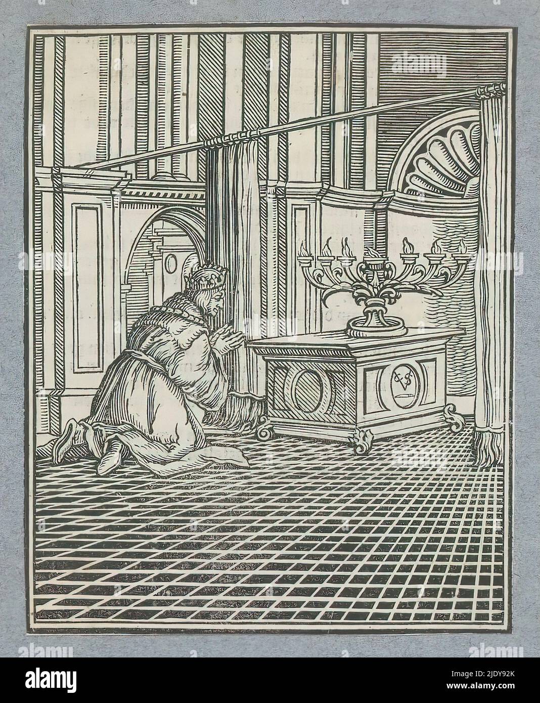 Solomon prays for wisdom, Solomon kneels praying before the ark of the ...