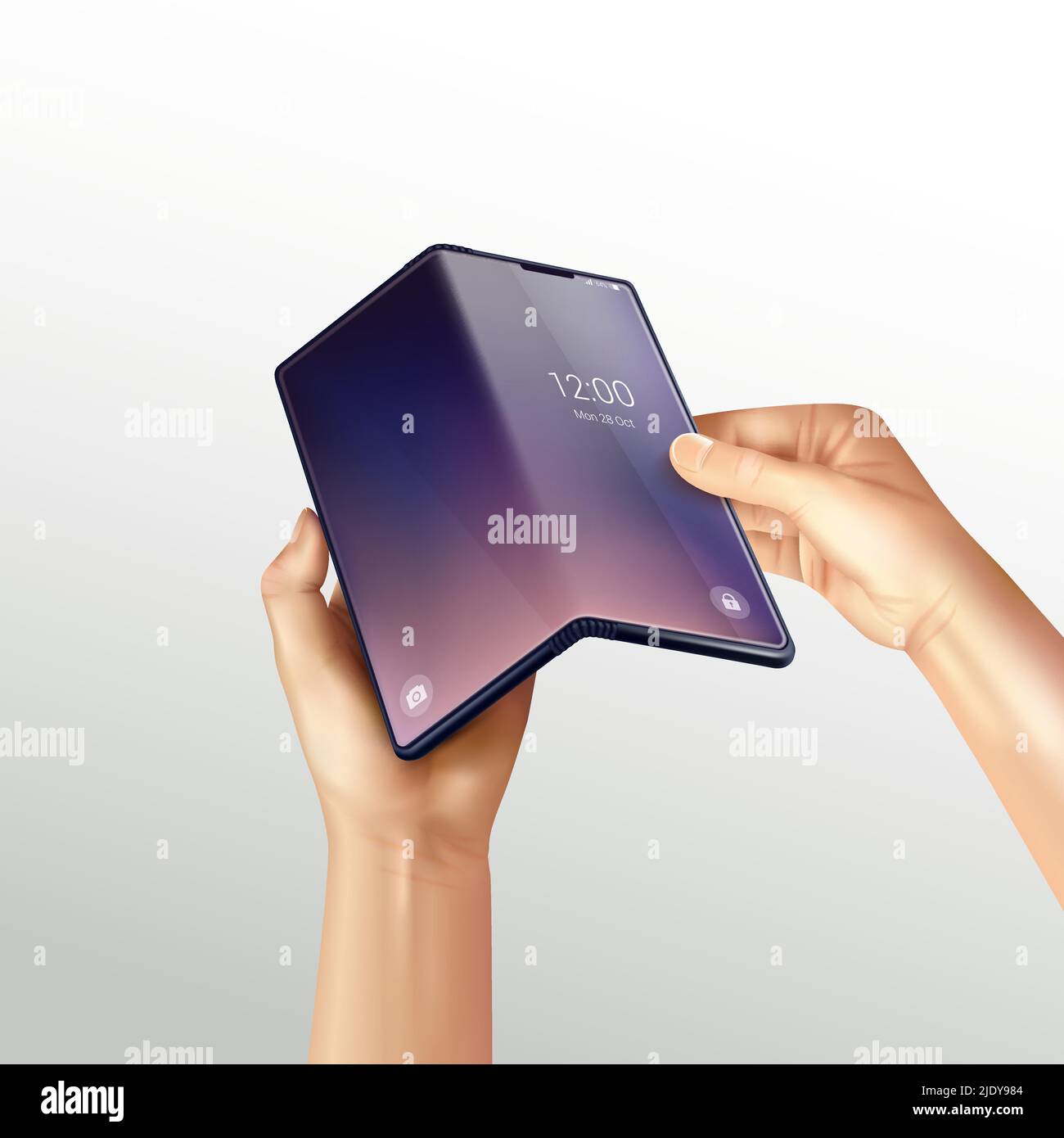 Foldable smatrphone realistic composition with human hands bending ...