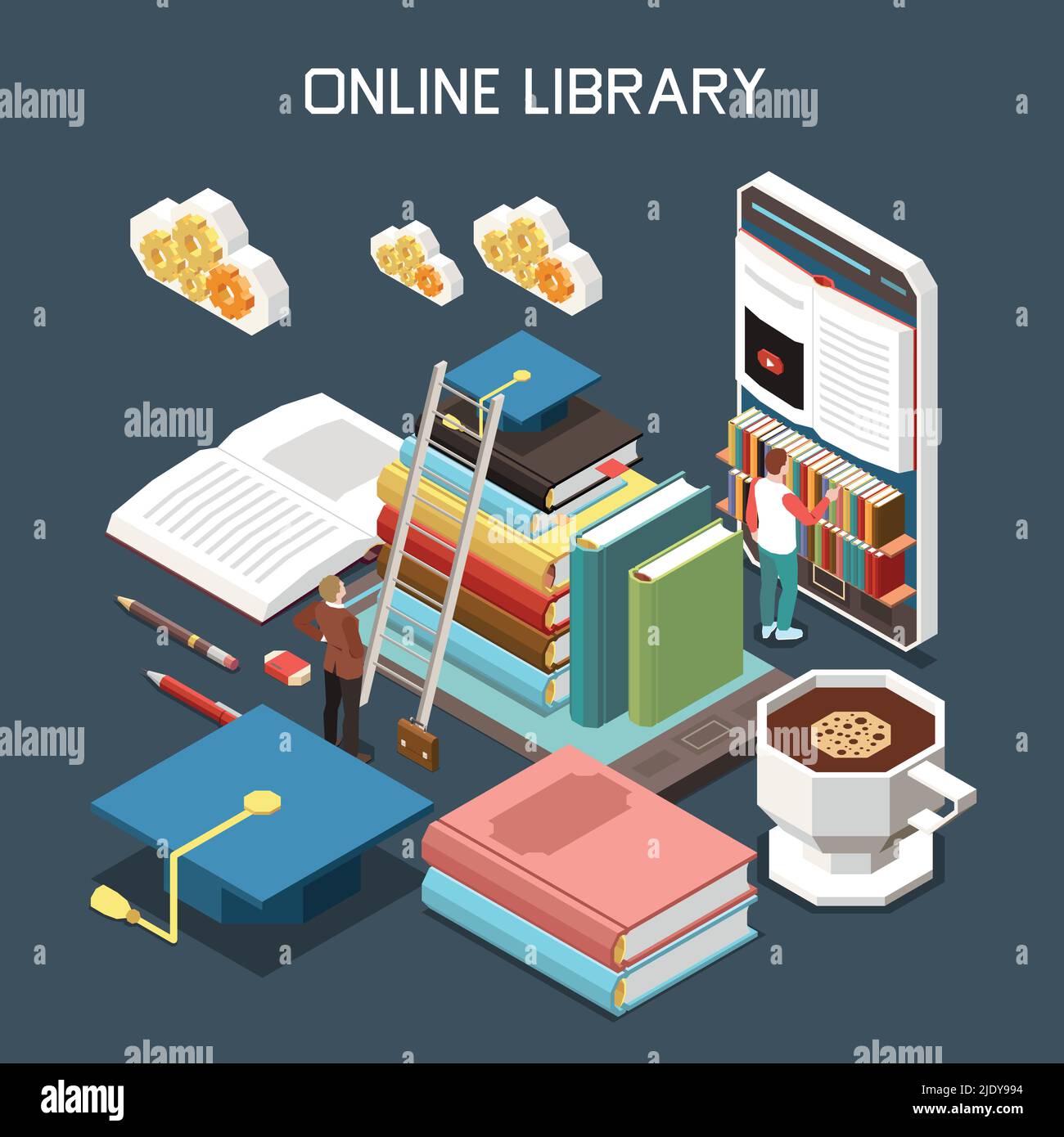 Online library isometric design concept with stack of tutorials covered ...