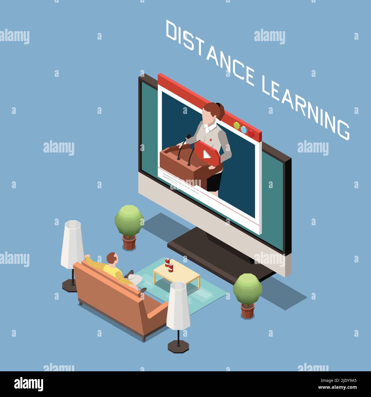 Distance learning isometric design concept with man sitting on couch ...