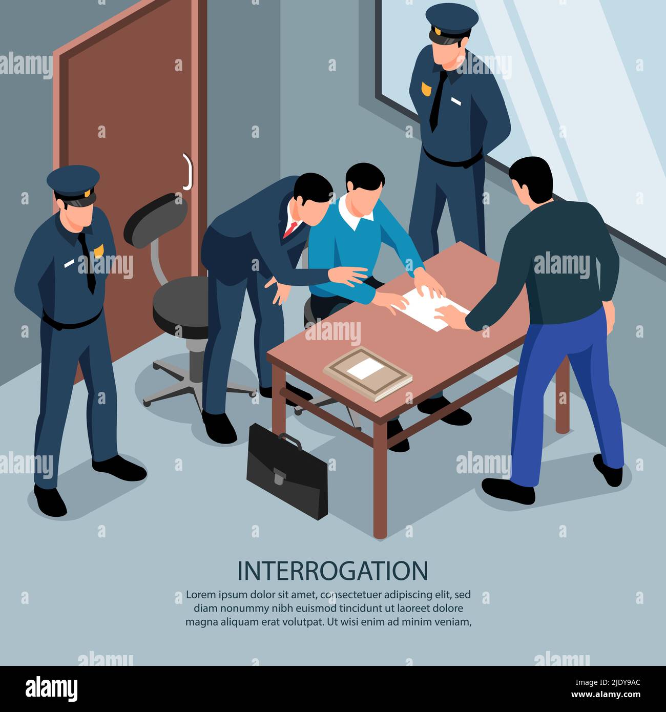 Isometric lawyer background with editable text and indoor scenery of interrogation room with ...