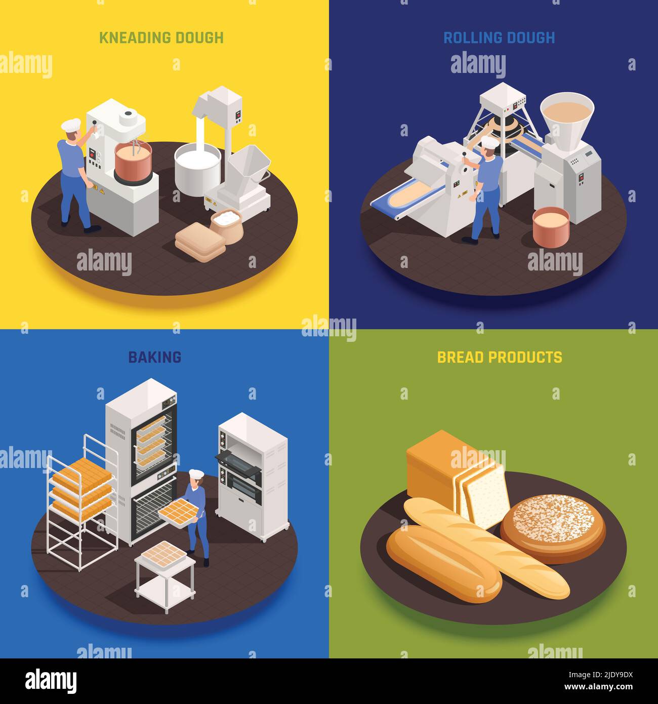 Bakery confectionery production concept 4 isometric compositions with kneading rolling dough ...