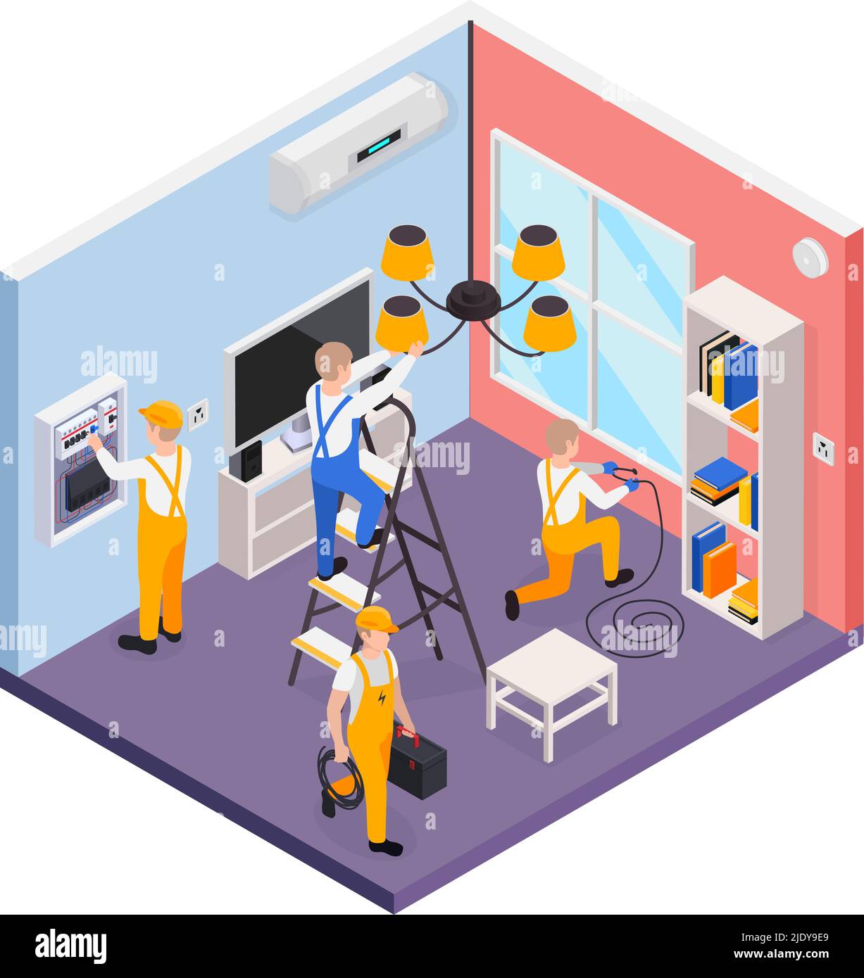 Electricity isometric composition with electricians checking and ...