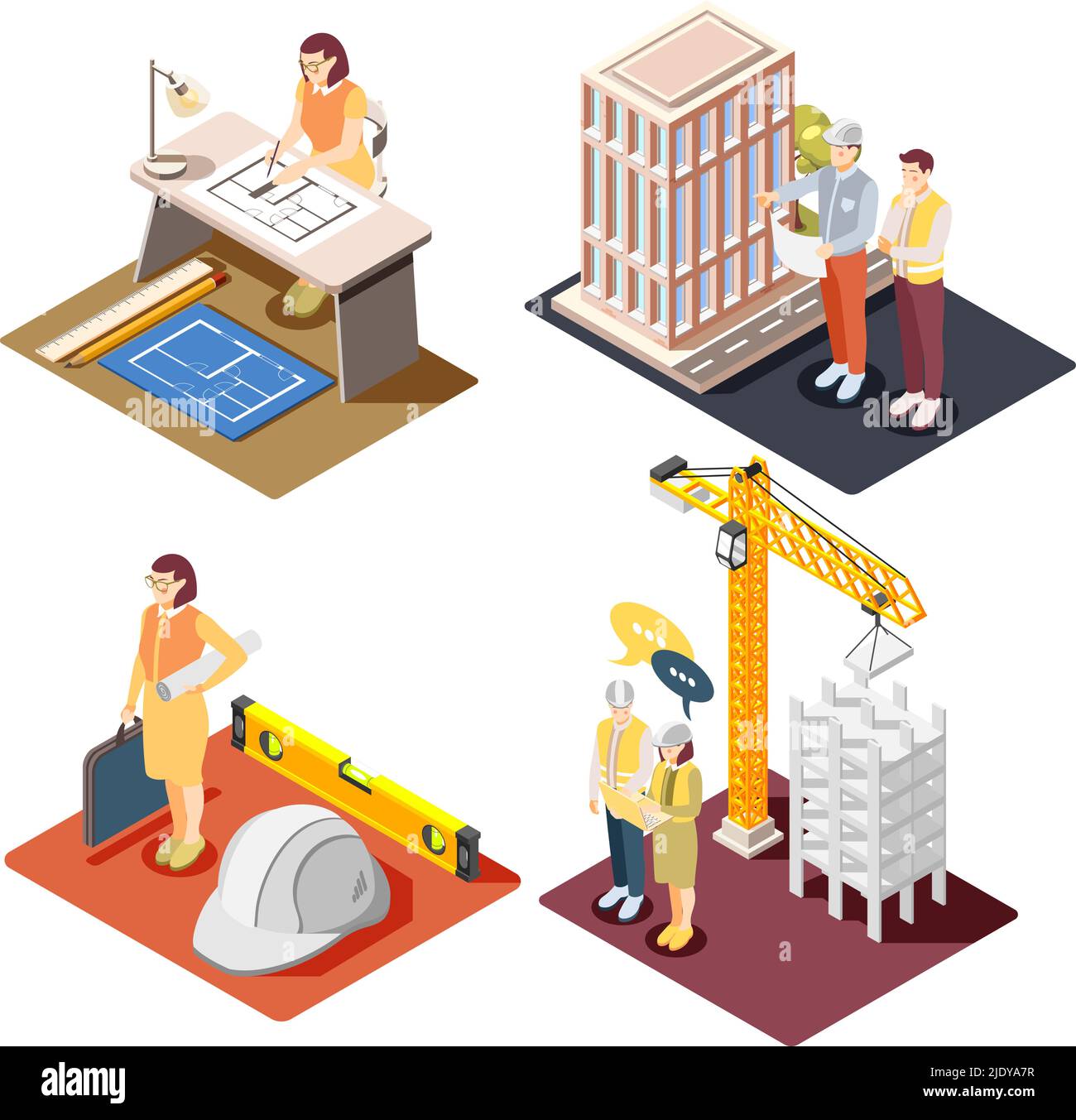 Architectural engineers work concept 4 isometric compositions with ...